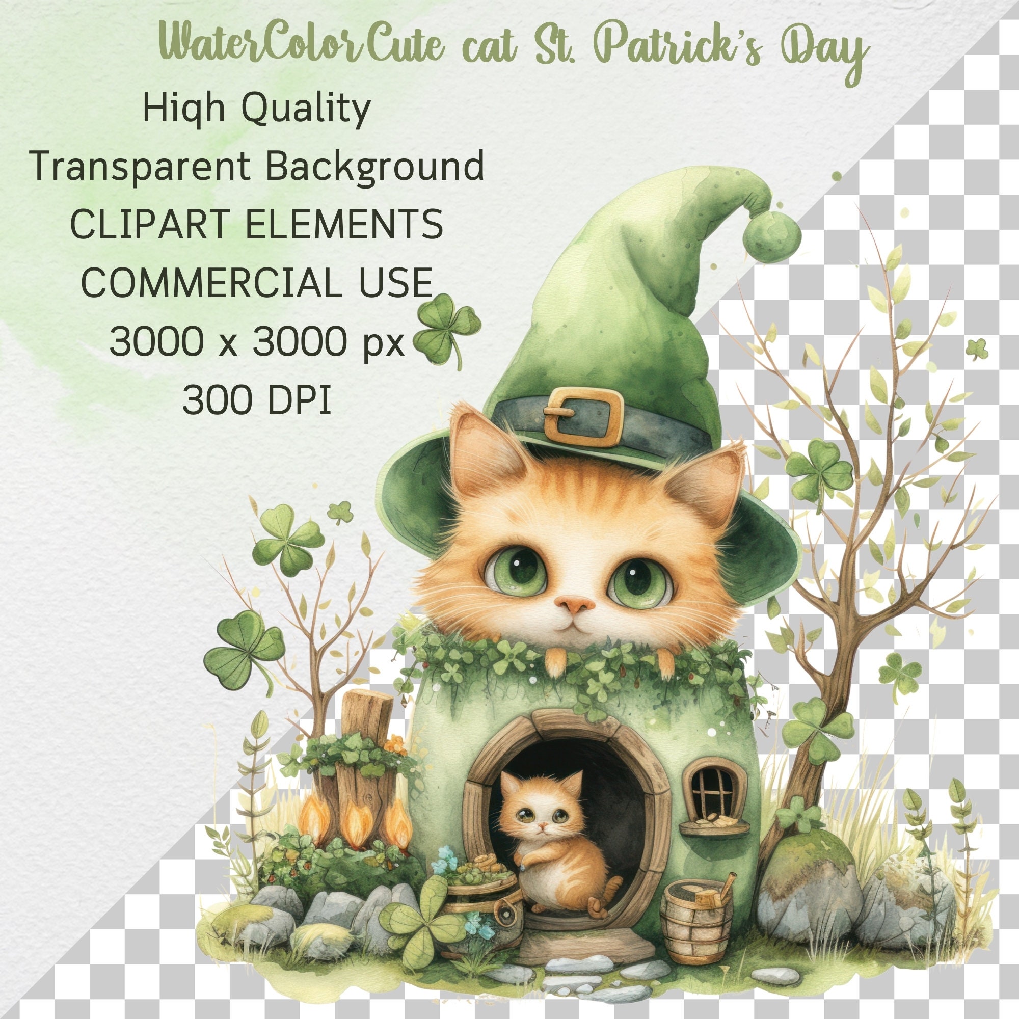 Cute St.patrick's Day Cat Cliparts, Watercolor St Patricks Cat PNG, 21 ...