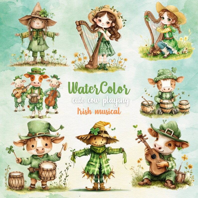Watercolor St Patricks Highland Cows Clipart, 24 PNG Irish Clipart ...