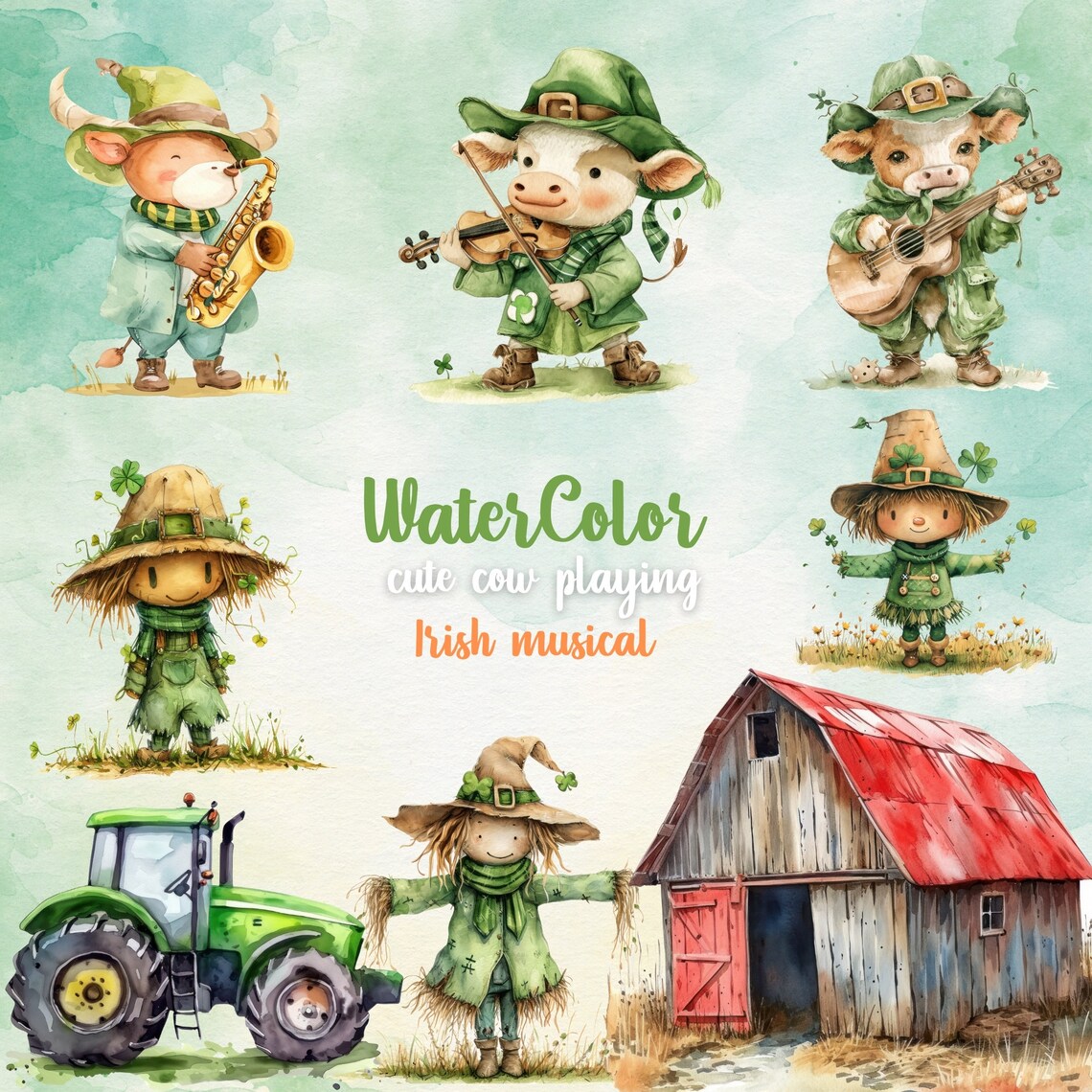 Watercolor St Patricks Highland Cows Clipart, 24 PNG Irish Clipart ...