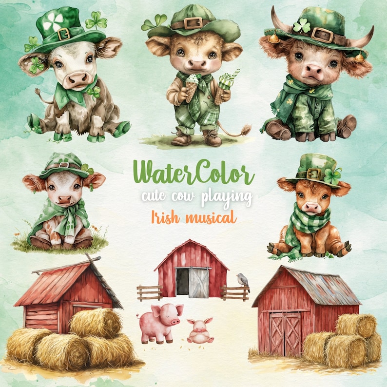 Watercolor St Patricks Highland Cows Clipart, 24 PNG Irish Clipart ...