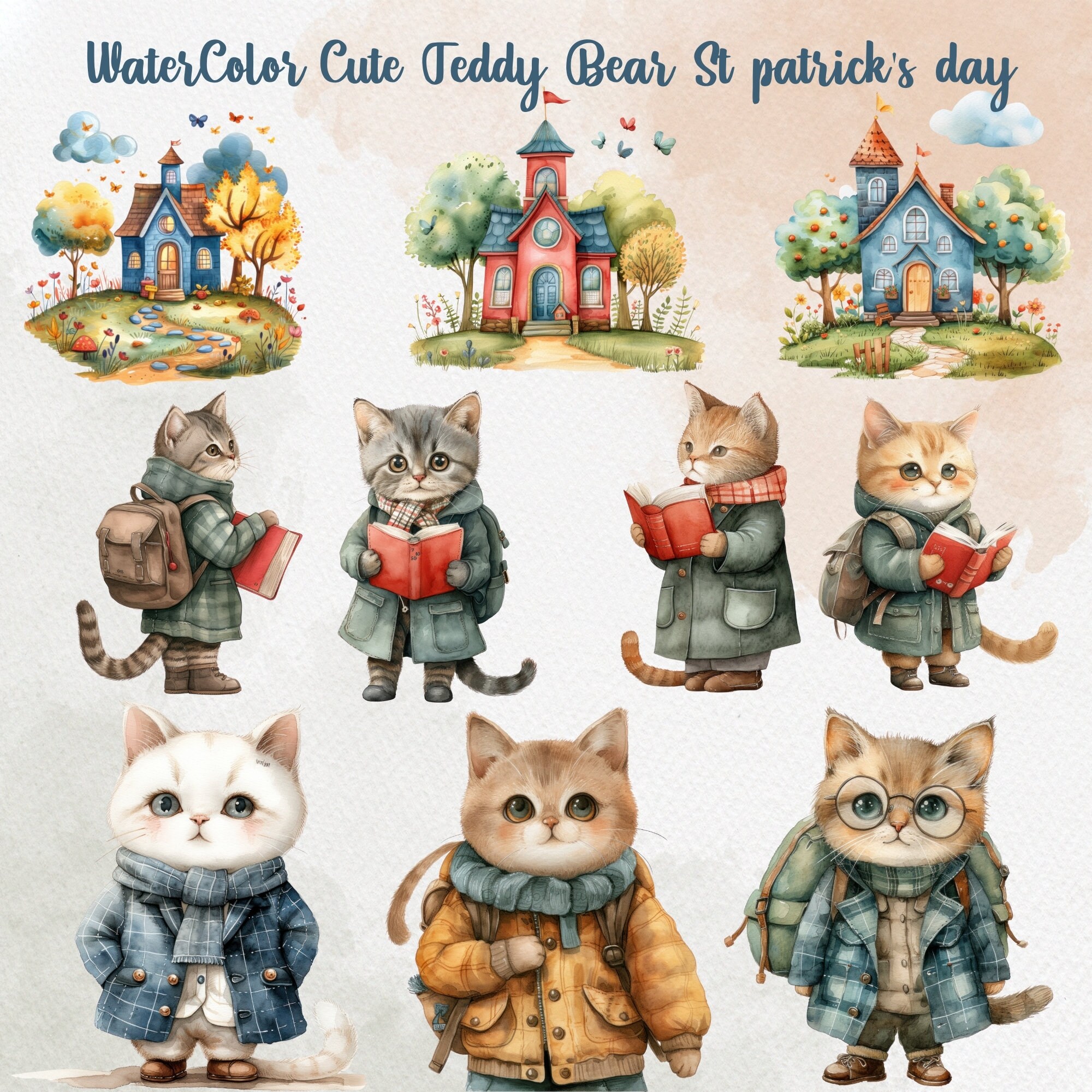 Watercolor Cat School Clipart, Cute Cat PNG, Cats Clipart, Animals ...