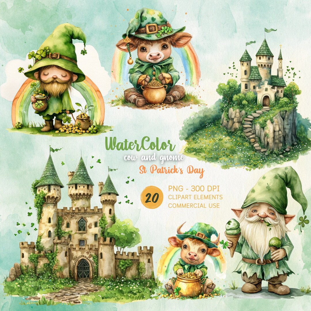 Watercolor St Patricks Highland Cows and Gnome Clipart, 20 PNG Irish ...