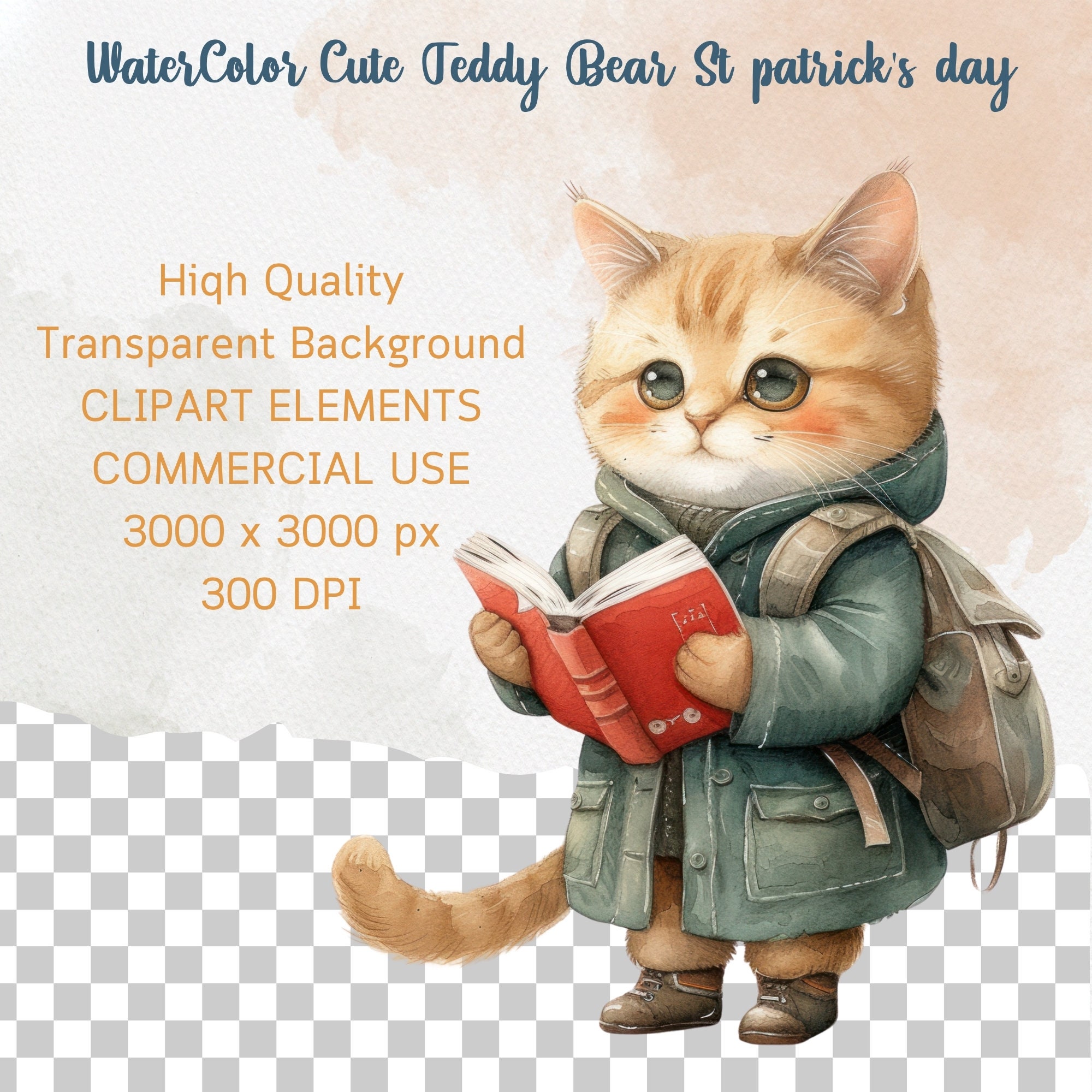 Watercolor Cat School Clipart, Cute Cat PNG, Cats Clipart, Animals ...