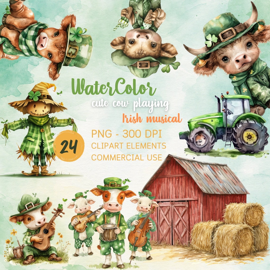 Watercolor St Patricks Highland Cows Clipart, 24 PNG Irish Clipart ...