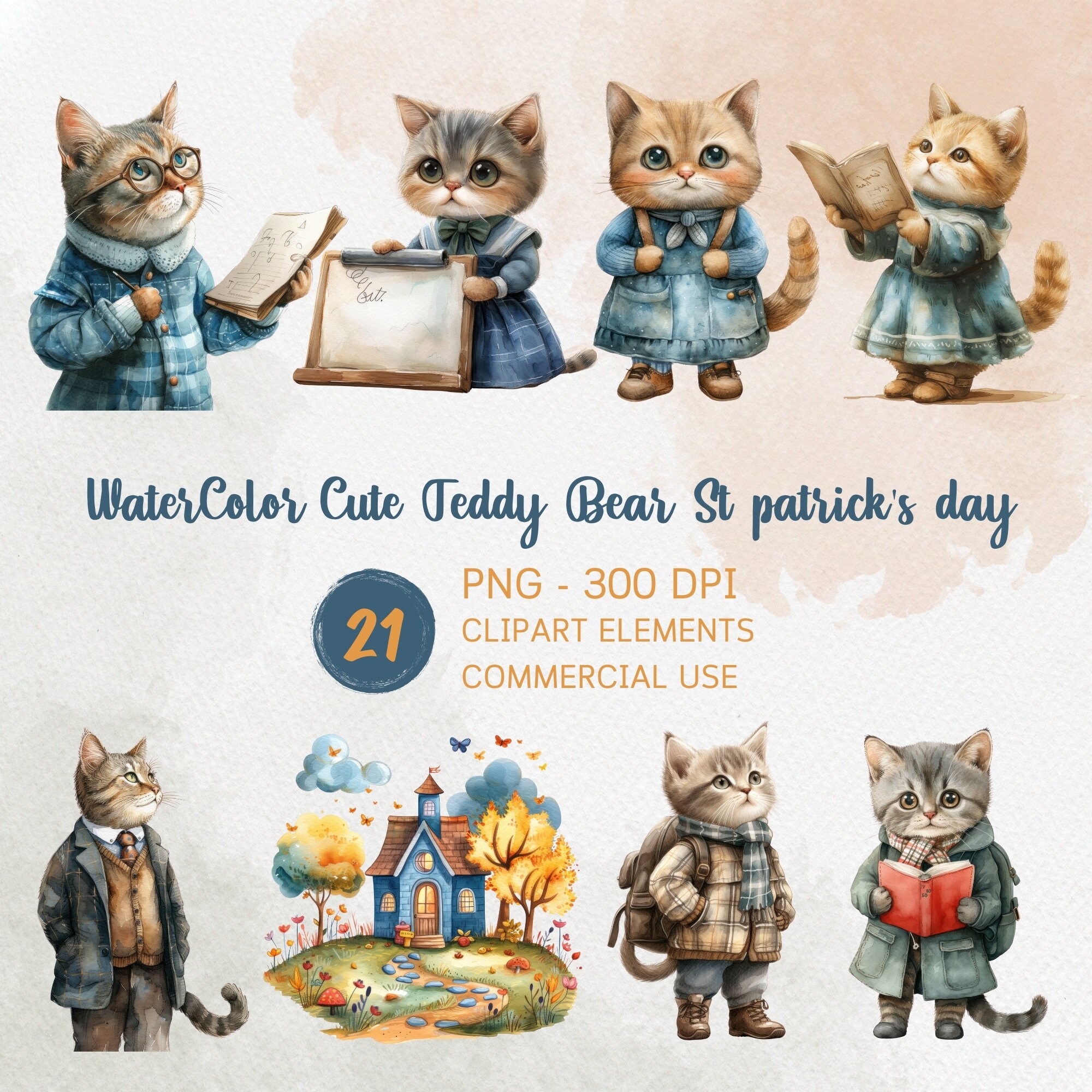 Watercolor Cat School Clipart, Cute Cat PNG, Cats Clipart, Animals ...