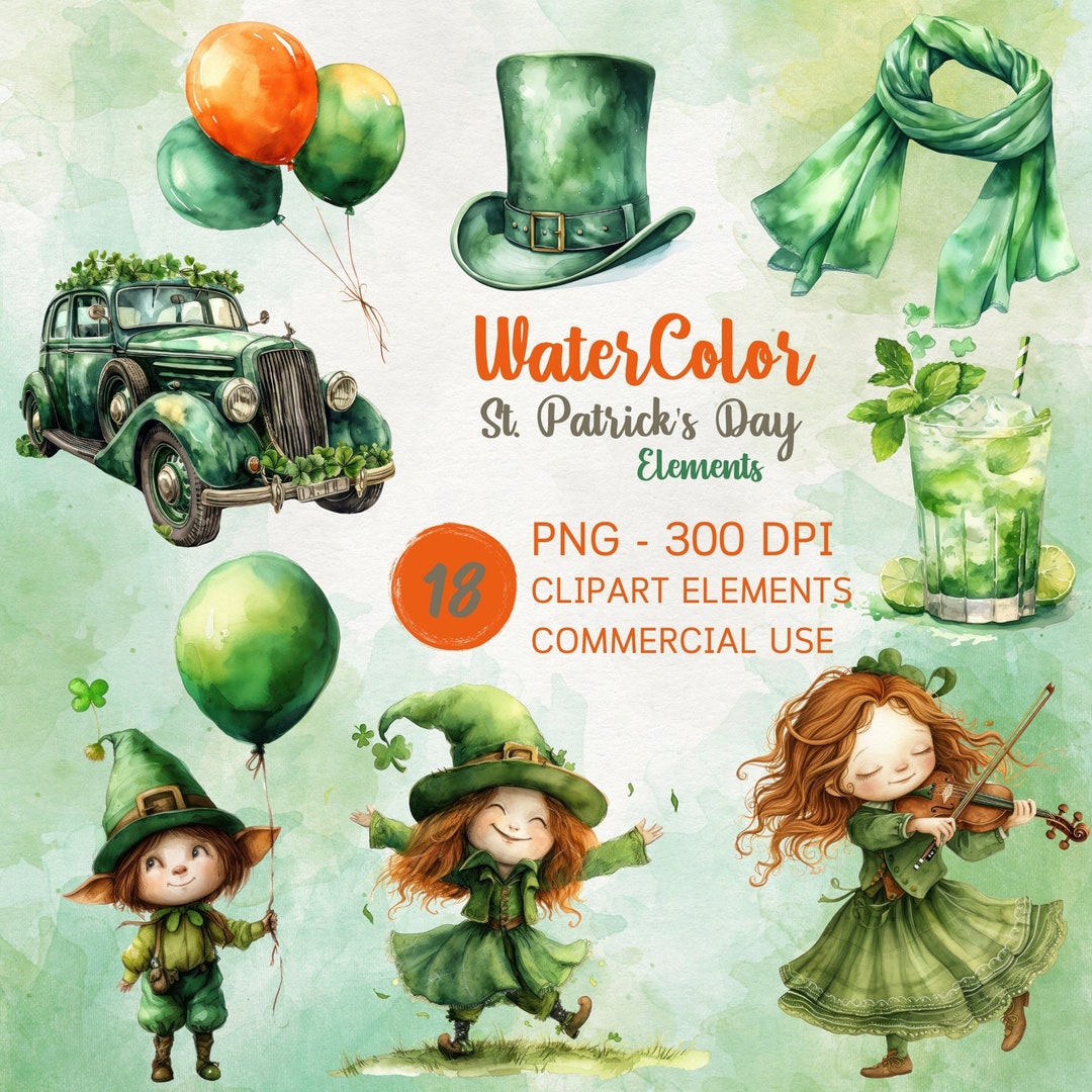 Watercolor St. Patrick's Day and Elements Clipart, 18 PNG Festive ...