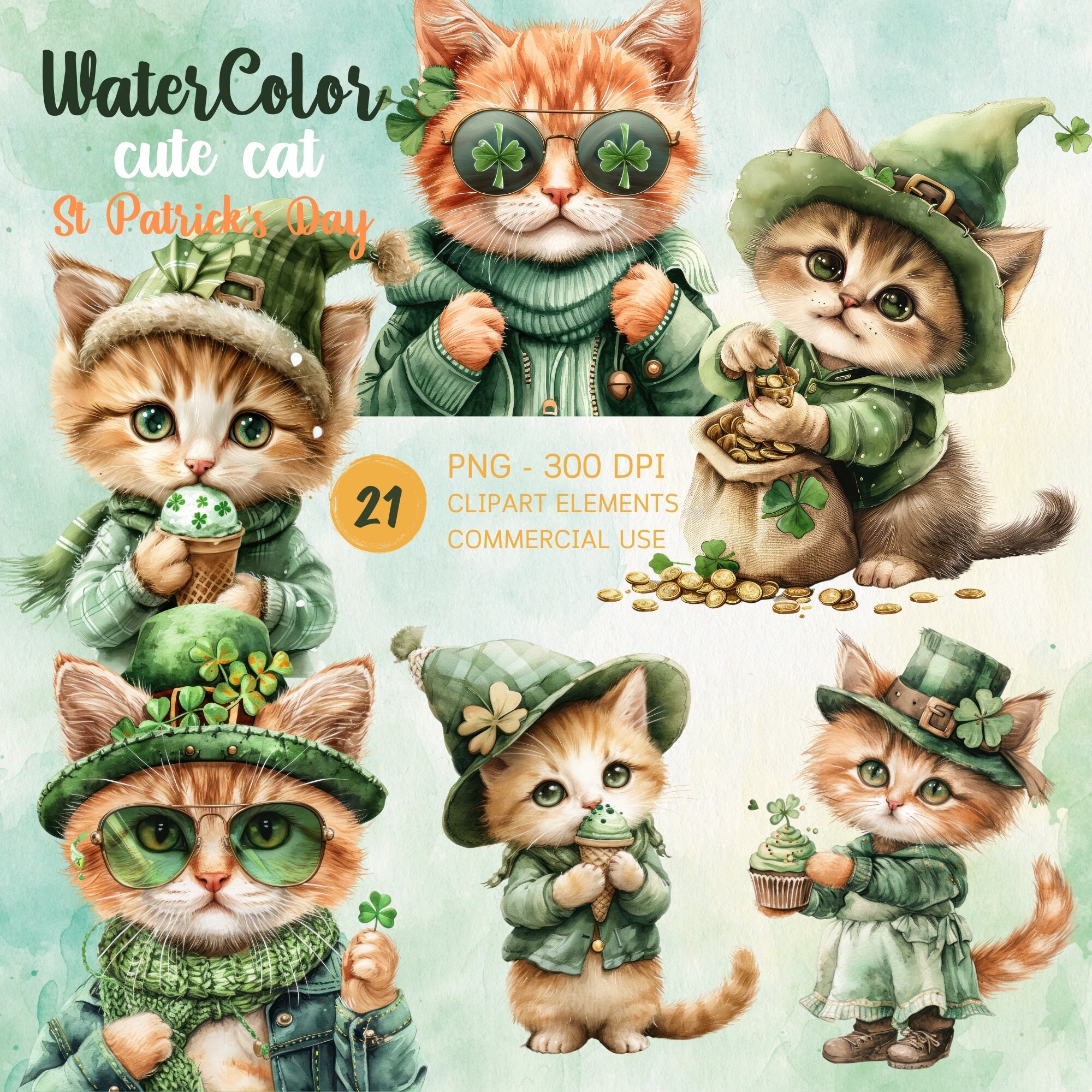 Cute St.patrick's Day Cat Cliparts, Watercolor St Patricks Cat PNG, 21 ...