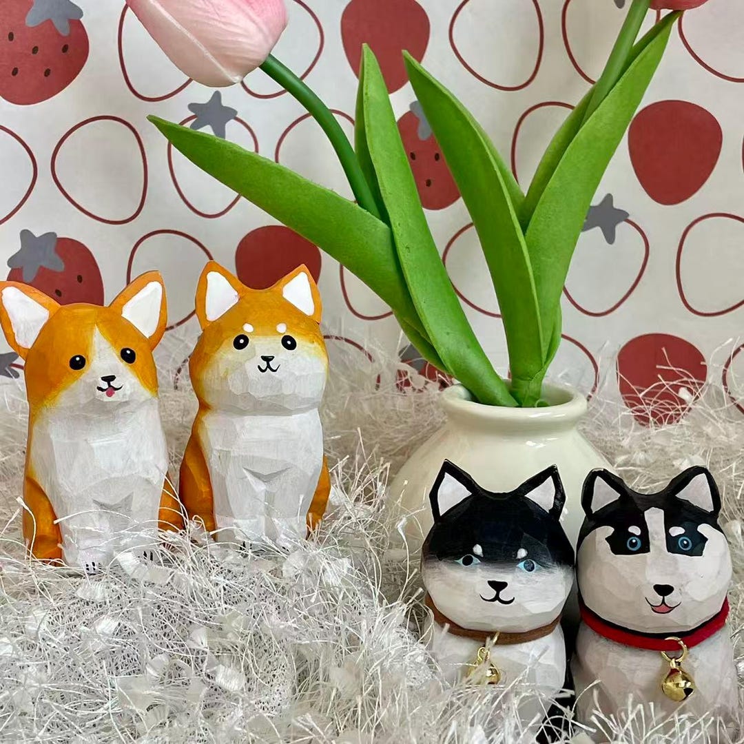 Wooden Dog Figurines Set Husky Shiba Inu Puppy Decor Hand Carved ...