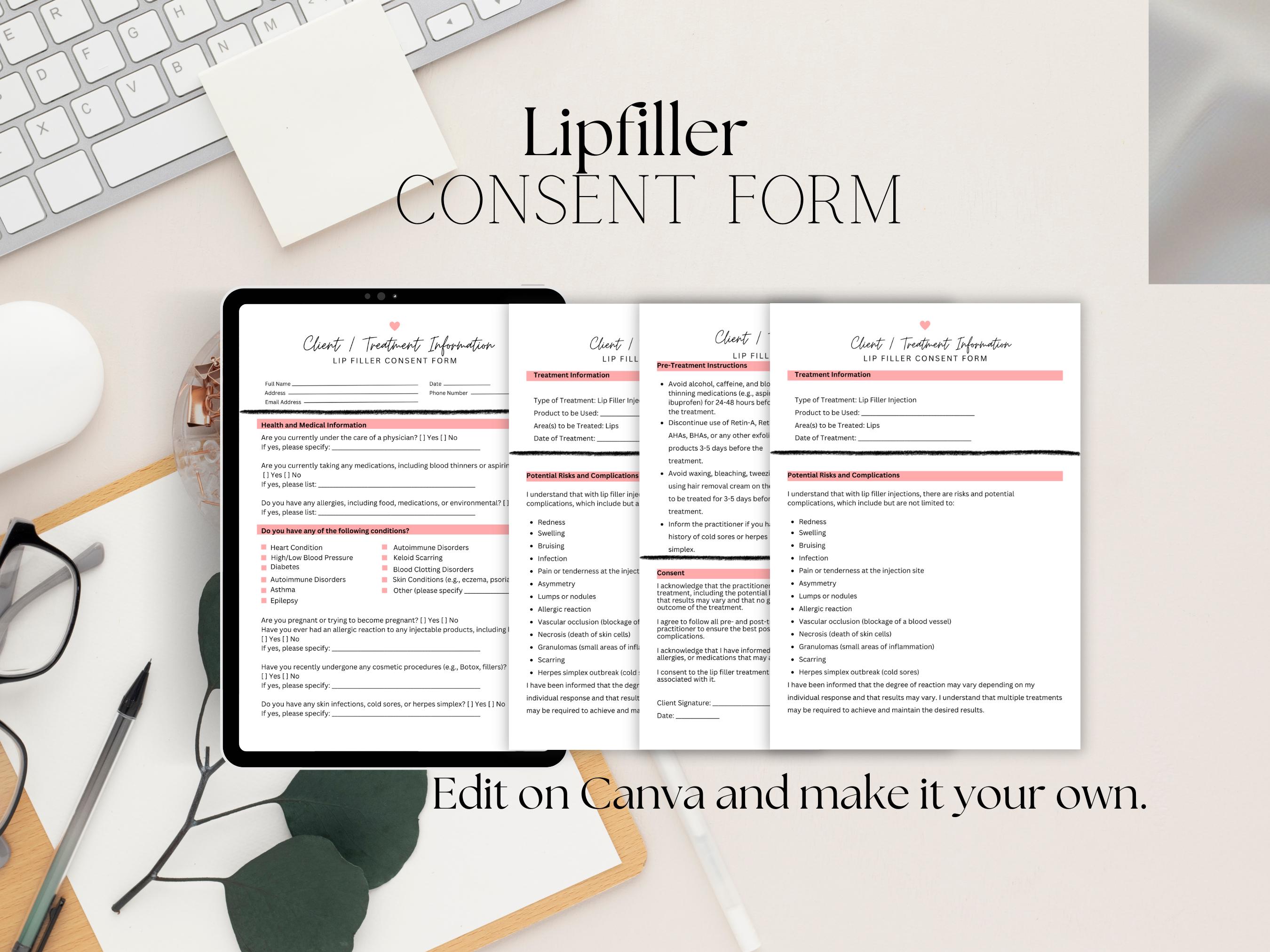 Lip Filler Consent Form: Esthetician Client Contract (digital Download ...