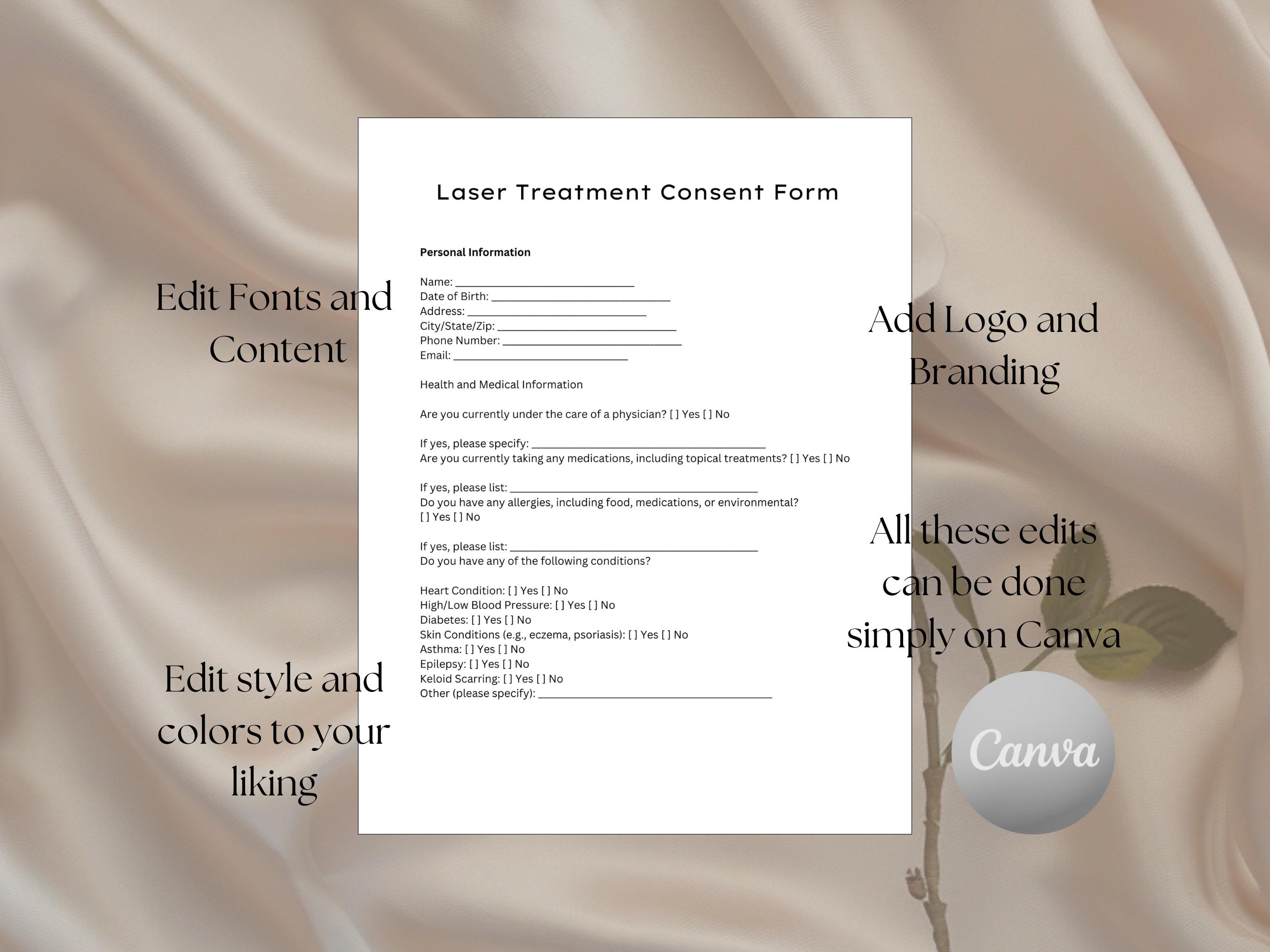 Laser Treatment Consent Form Printable Esthetician Treatment Consent ...