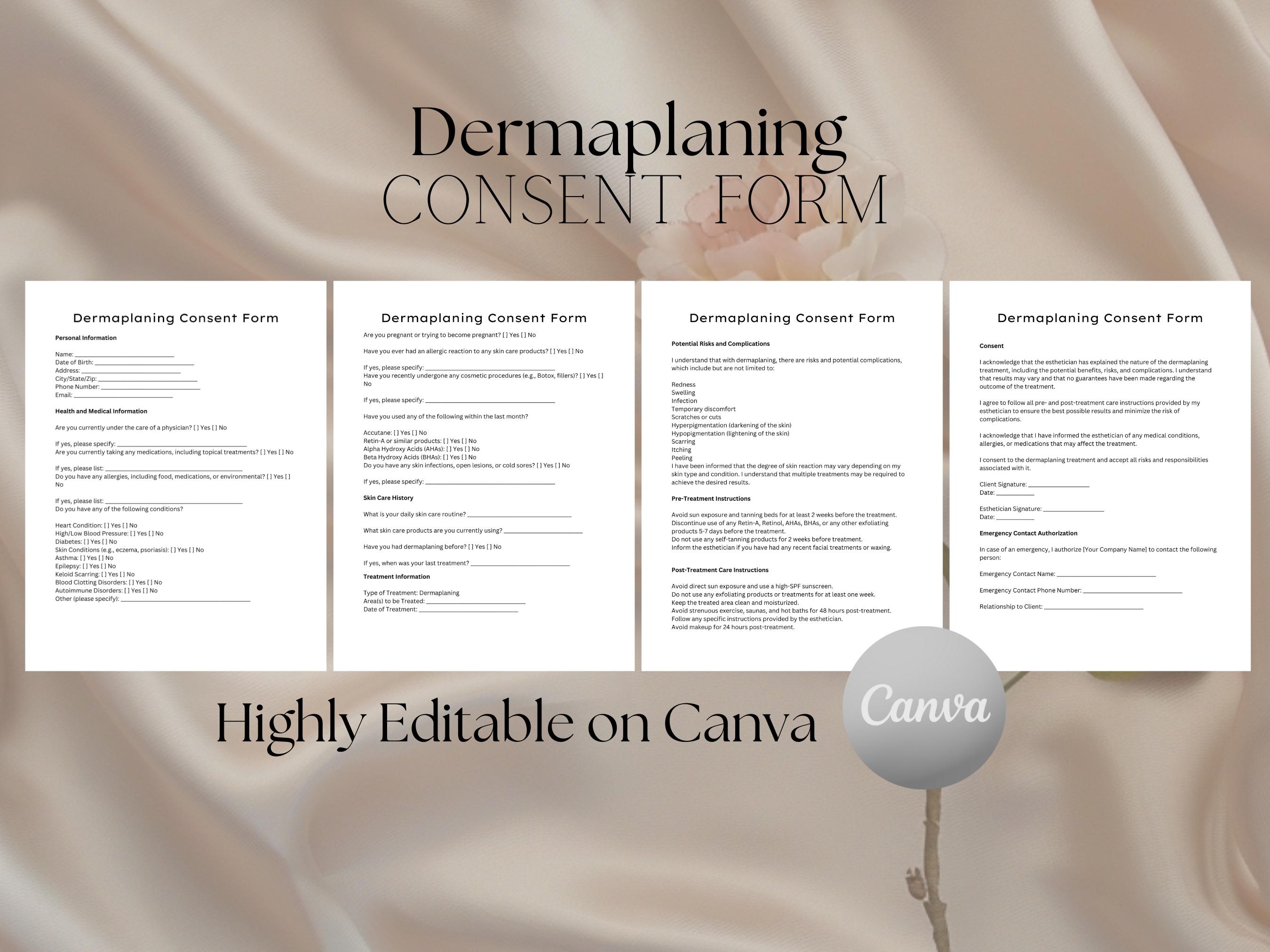Dermaplaning Consent Form: Esthetician Client Contract (digital ...