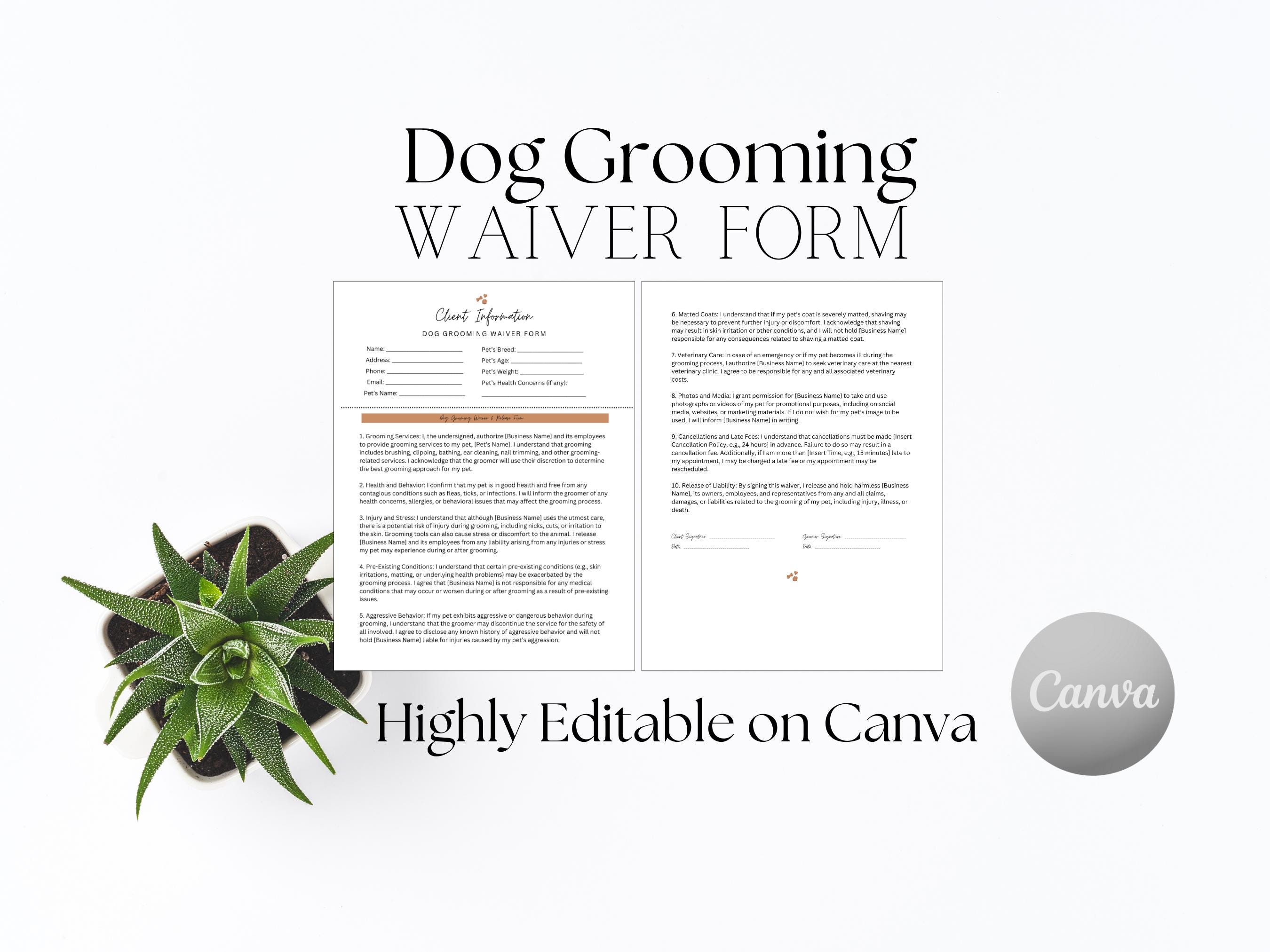 Dog Grooming Waiver Template: Editable Client Intake Form (digital ...