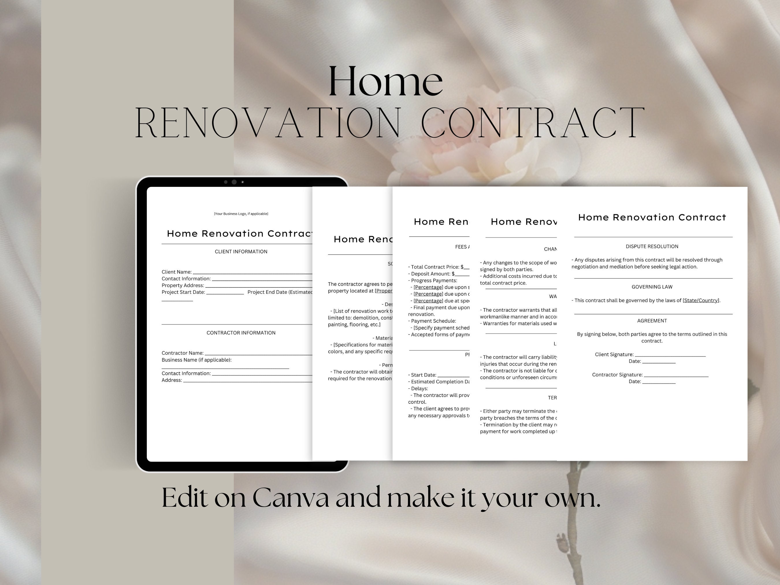 Home Renovation Contract Canva Template Home Renovation Form Agreements ...