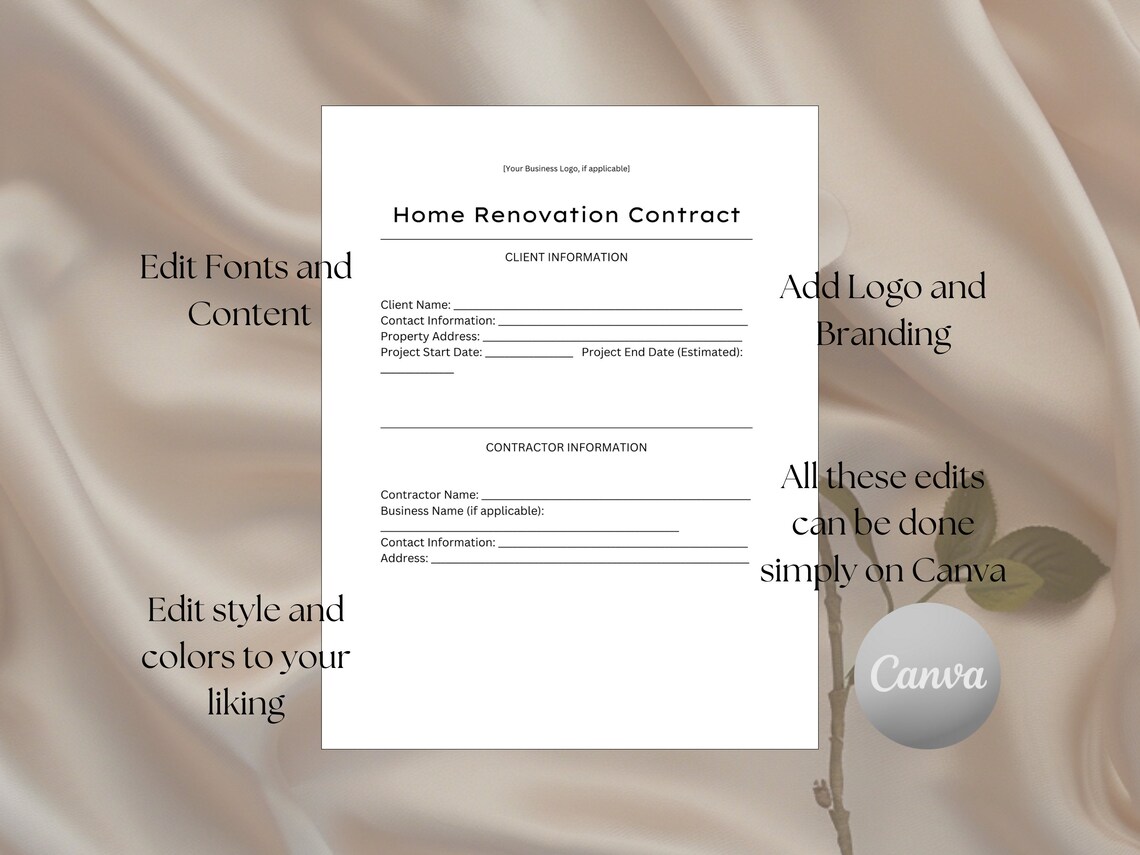 Home Renovation Contract Canva Template Home Renovation Form Agreements ...