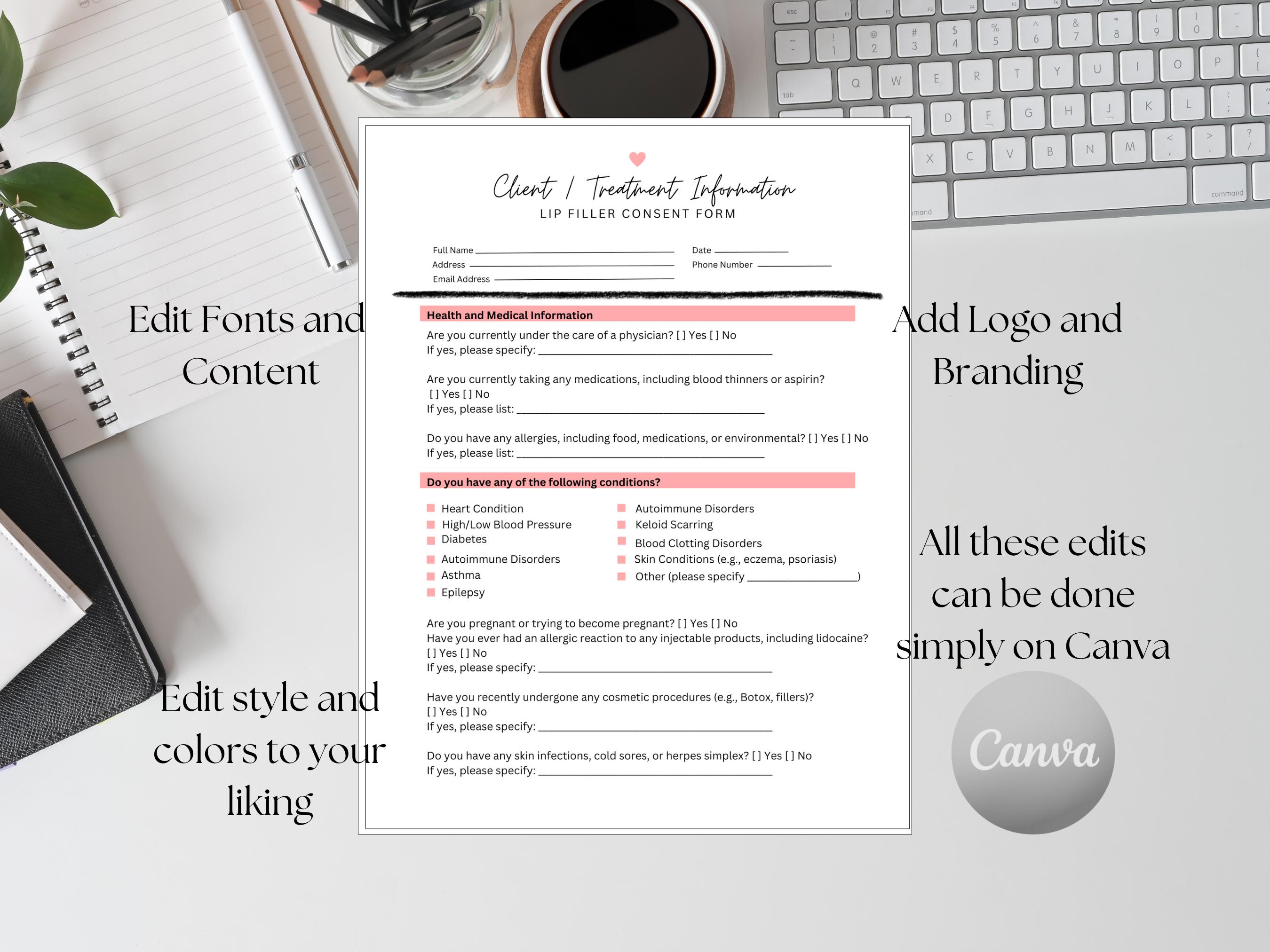 Lip Filler Treatment Consent Form Printable Esthetician Treatment ...