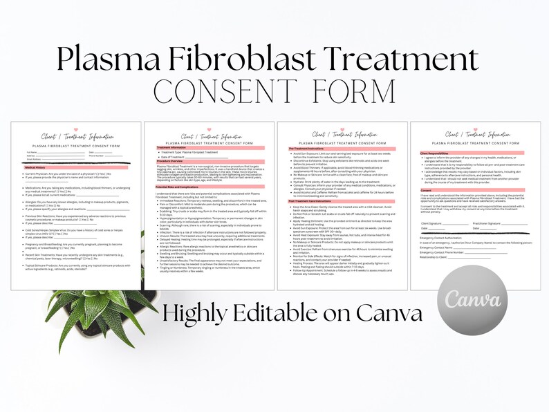 Plasma Fibroblast Consent Form Template | Editable Treatment Agreement | Printable Esthetician ...