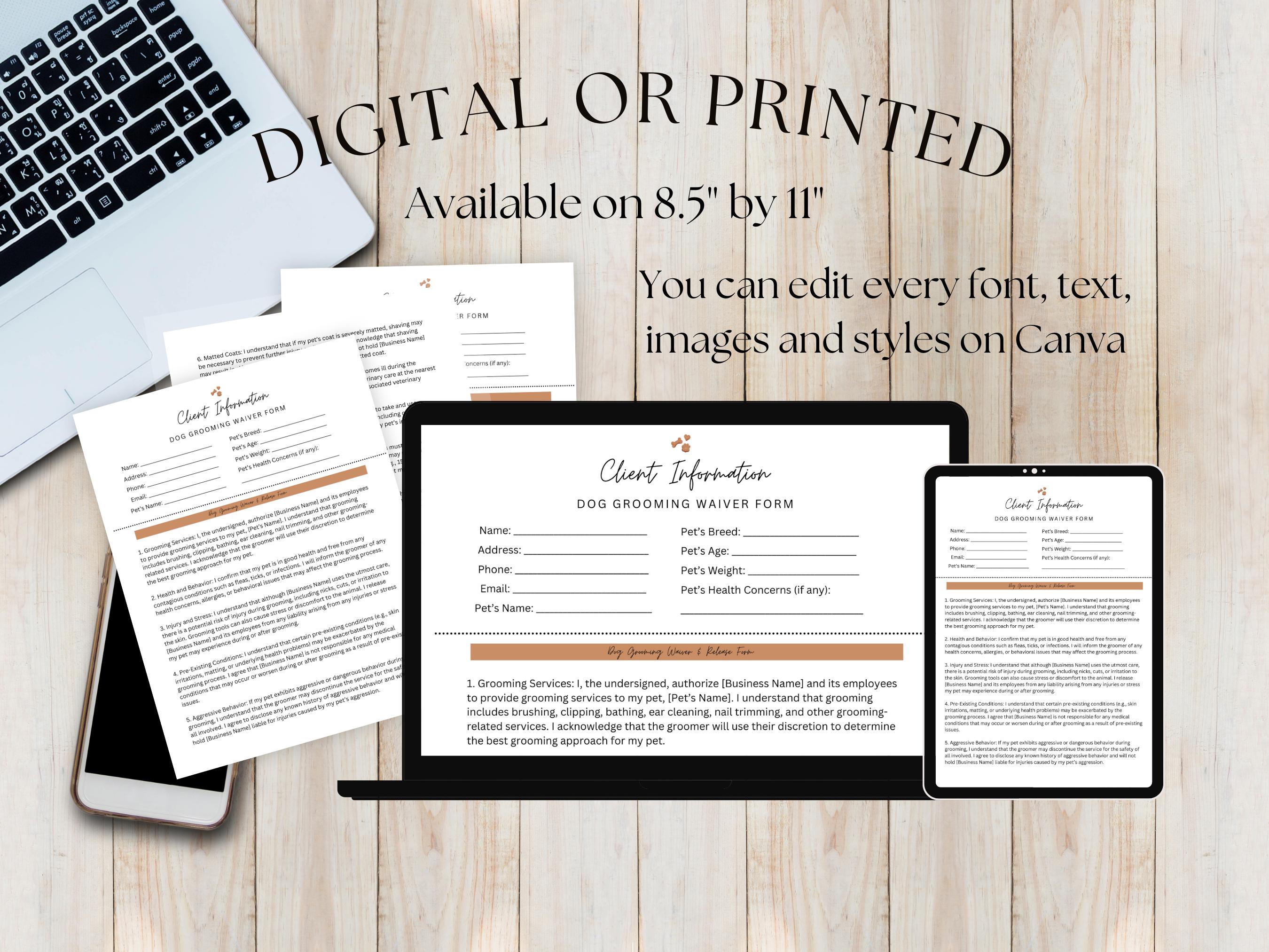Dog Grooming Waiver Template: Editable Client Intake Form (digital ...