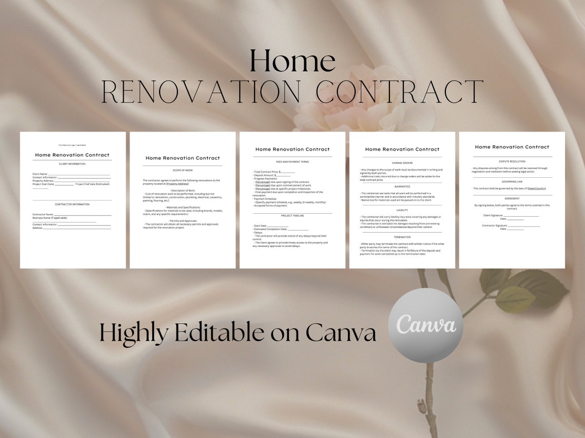 Home Renovation Contract Canva Template Home Renovation Form Agreements ...