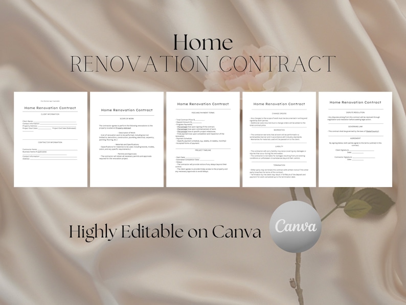 Home Renovation Contract Canva Template Home Renovation Form Agreements ...