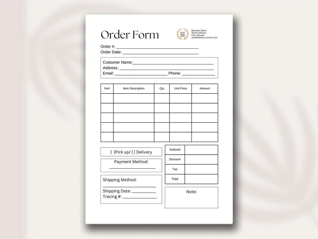 Order Form Template Business Client Customizable Printable DIY Order ...