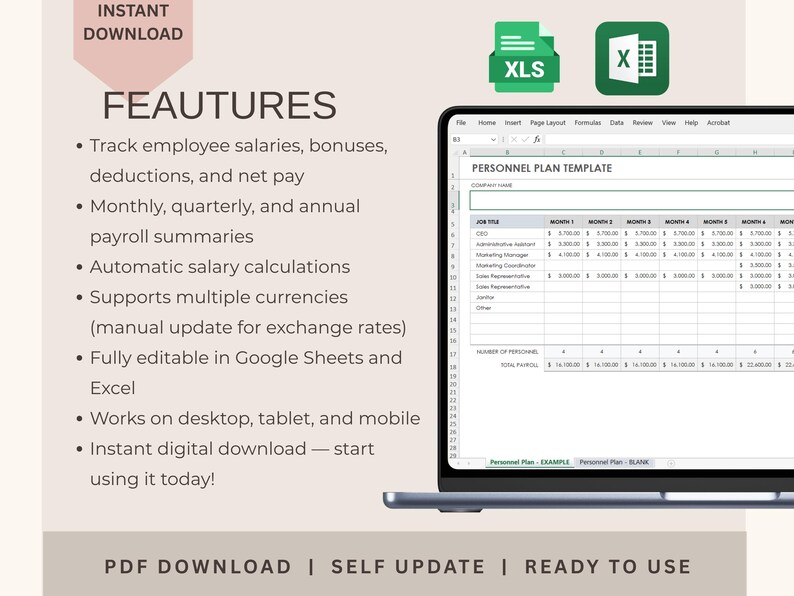 Personnel Payroll Plan Spreadsheet | Google Sheets & Excel | Employee ...