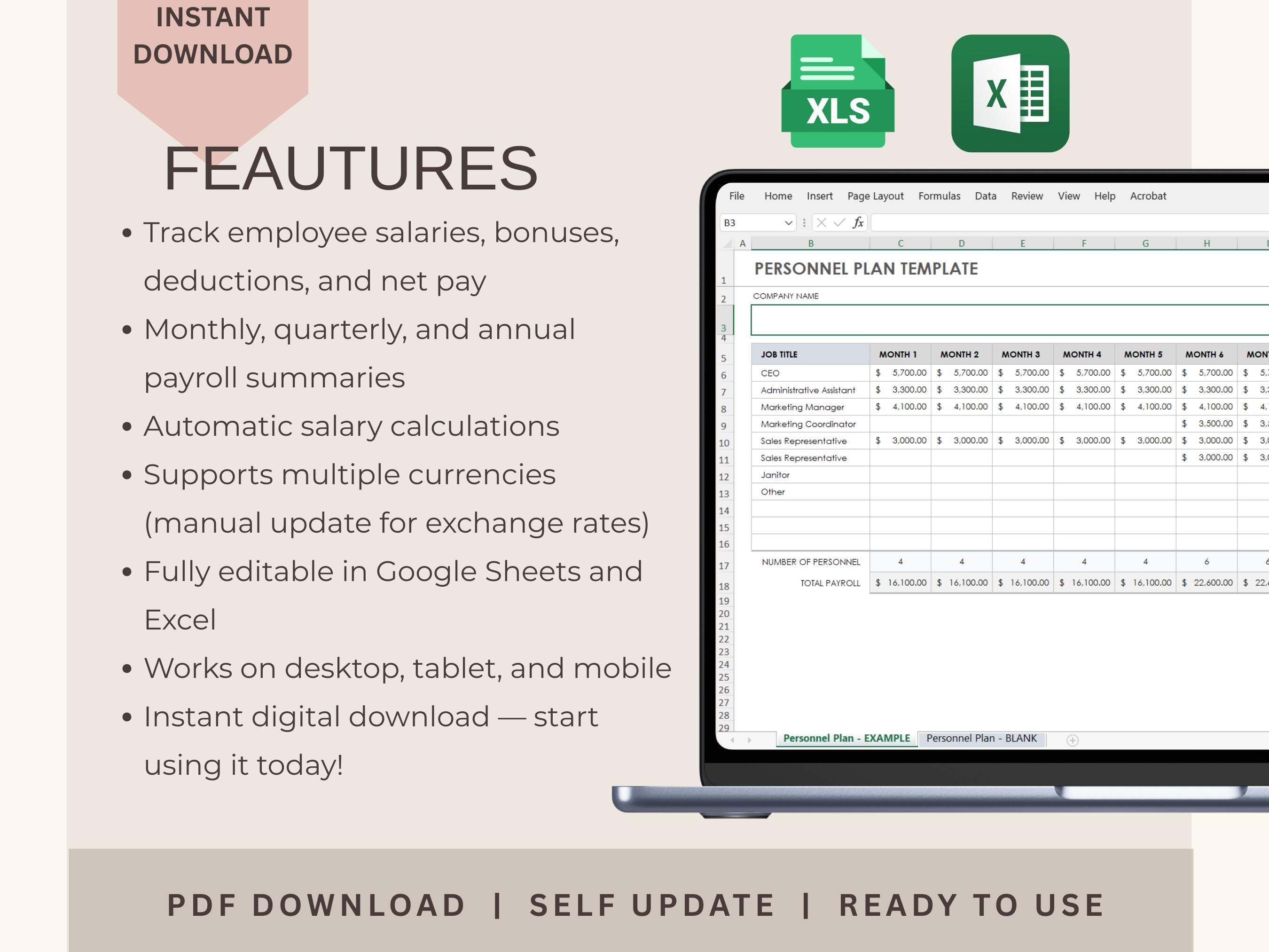 Personnel Payroll Plan Spreadsheet | Google Sheets & Excel | Employee ...