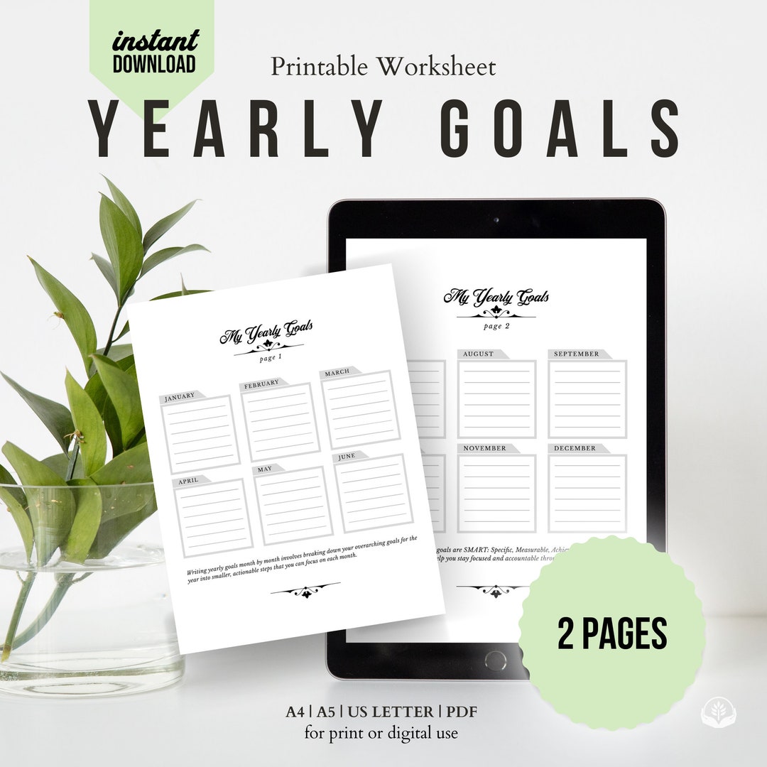 Yearly Goals Printable Worksheet Undated Custom Planner PDF Personal ...