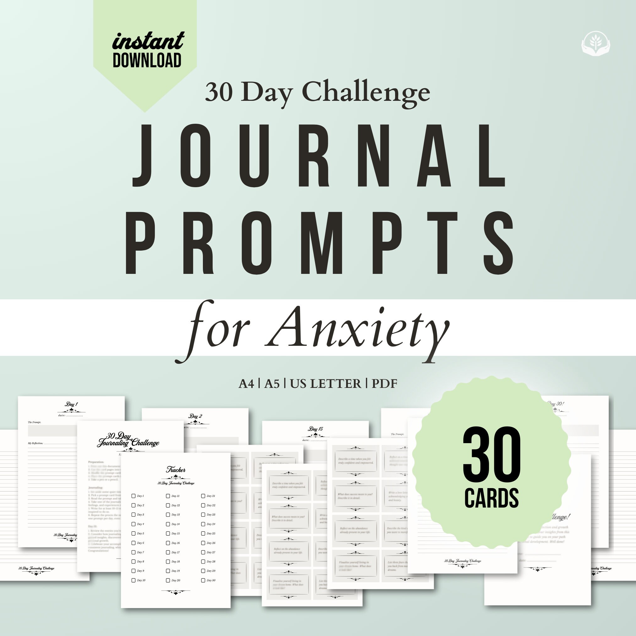 Anxiety Journal Prompt Cards Printable 30 Day Challenge Tracker Digital ...
