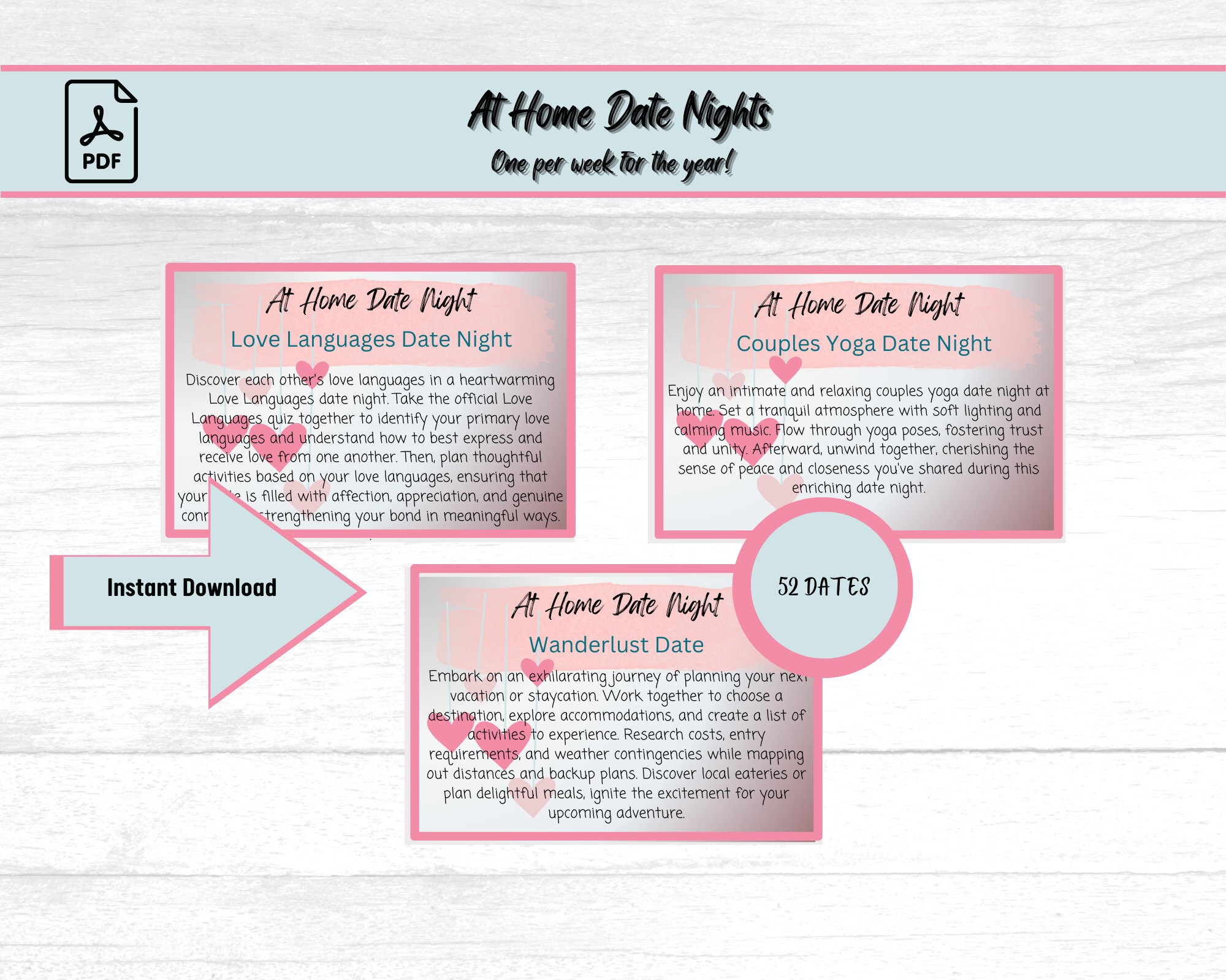 Printable Date Night Cards for 52 at Home Dates - Etsy