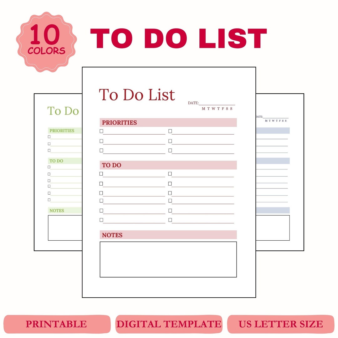 To Do Lists to Do List Minimalist 10 Colors to Do List US Letter Size ...