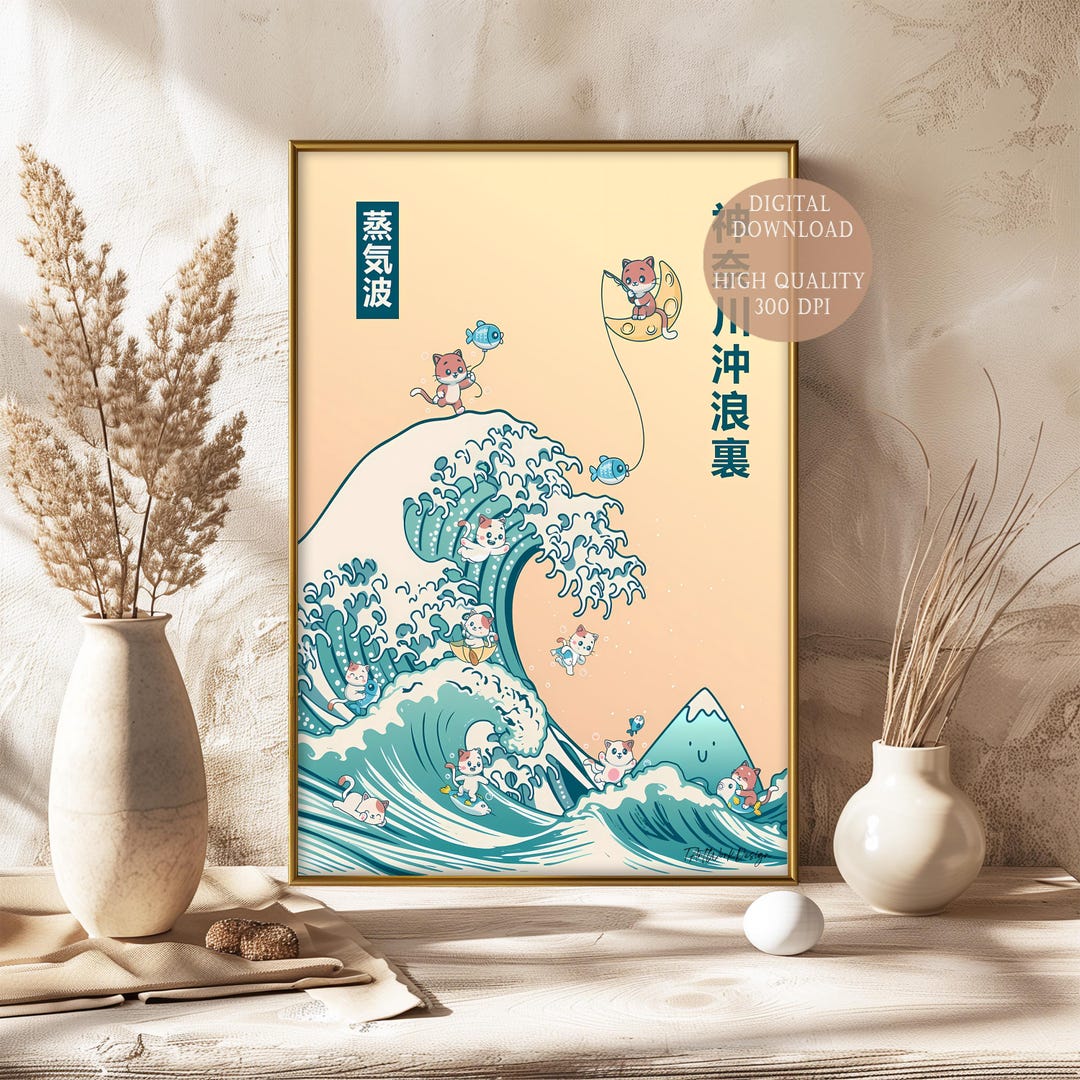 The Great Wave With Cats Art Print | Cute Cat Wave Poster | Japanese ...