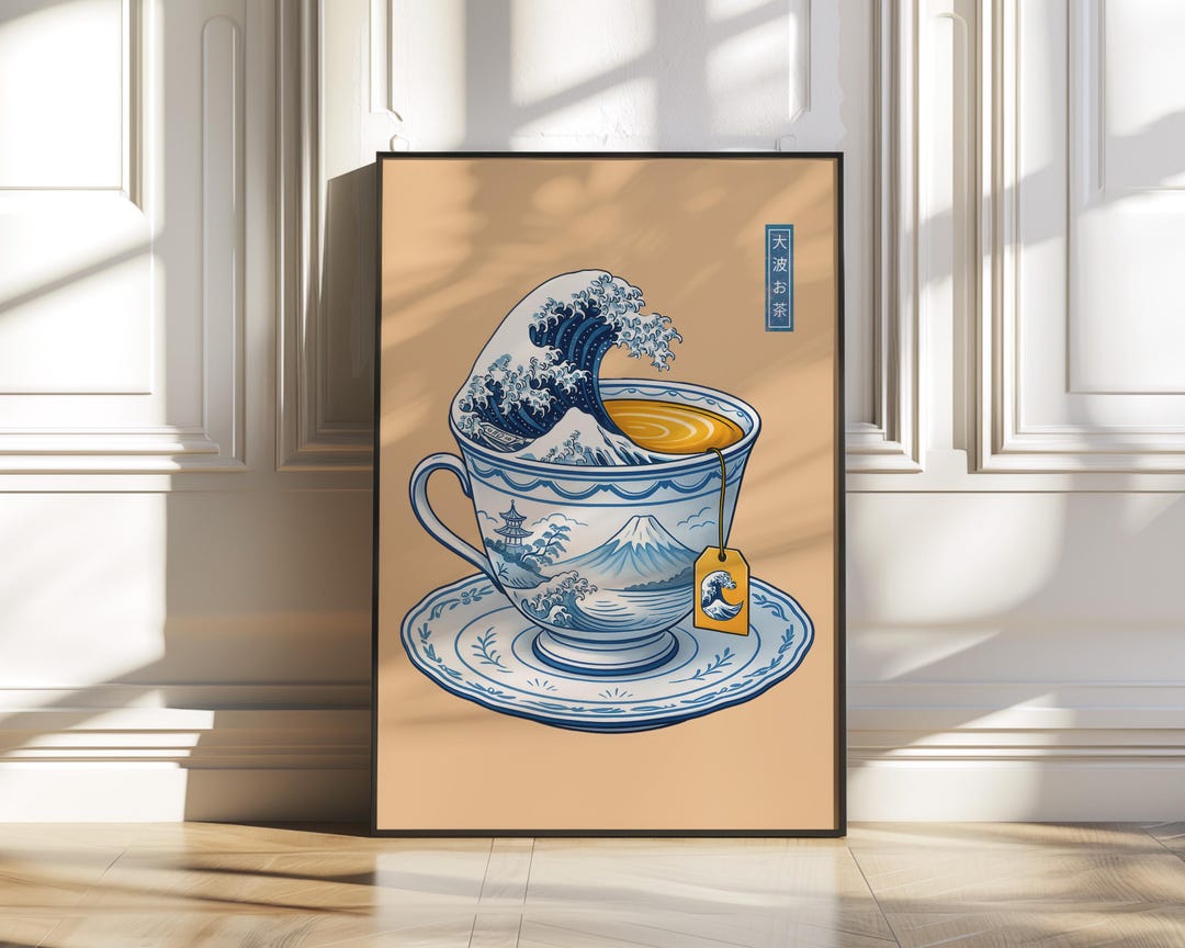 Japanese Wave in Teacup Poster – Art With Mount Fuji, Pagoda and ...