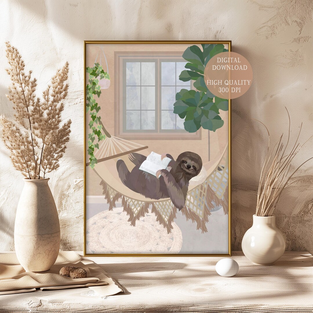 Sloth Wall Art in Hammock, Funny Poster for Living Room, Boho Animal ...