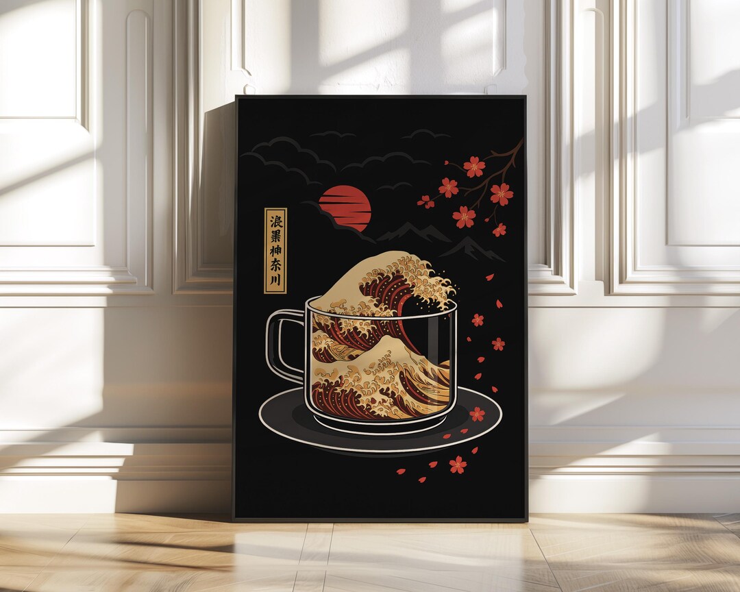 Japanese Coffee Wave Wall Art With Cherry Blossoms and Red Sunset ...