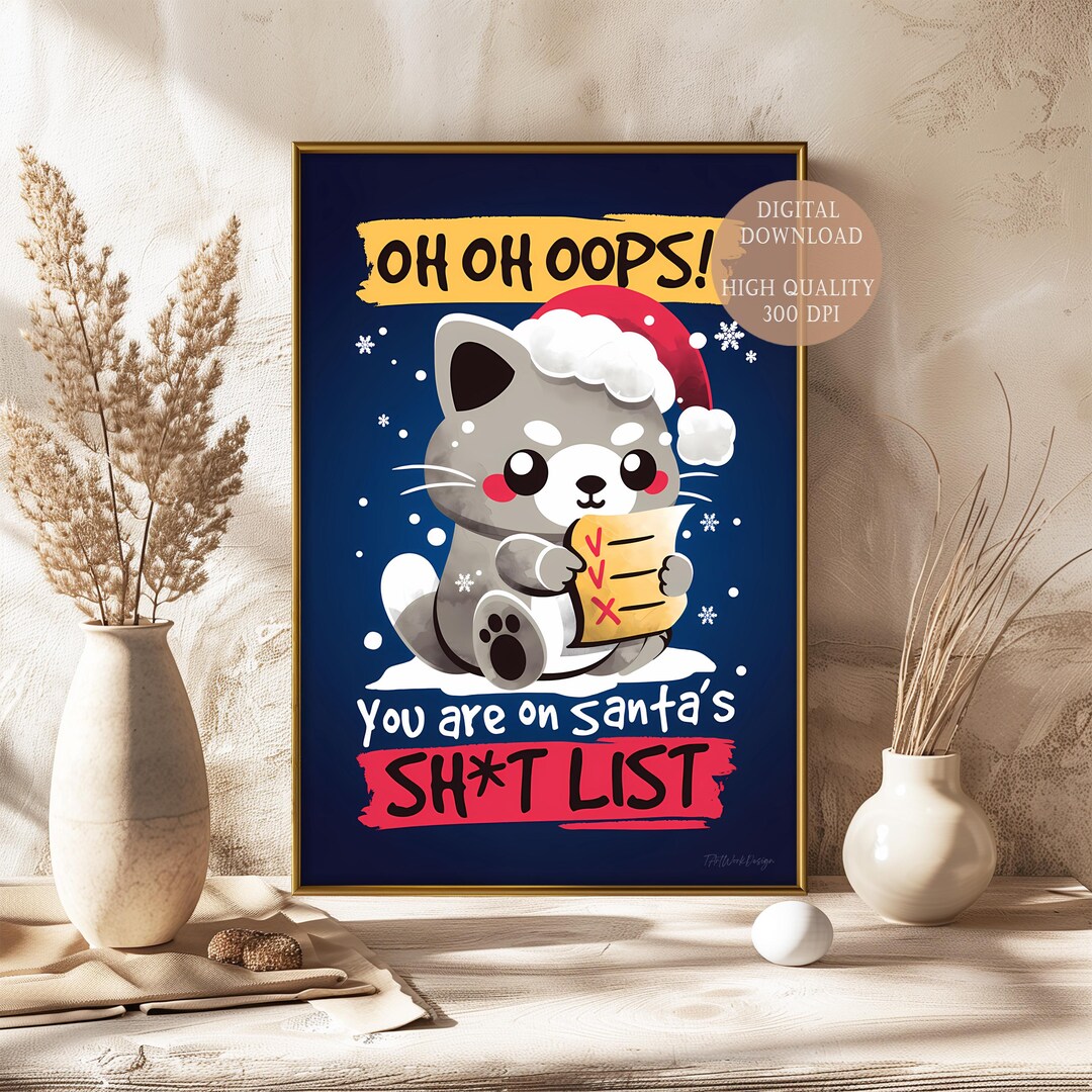 Funny Christmas Poster Kawaii Cat With List Humorous Holiday Decor Gift ...