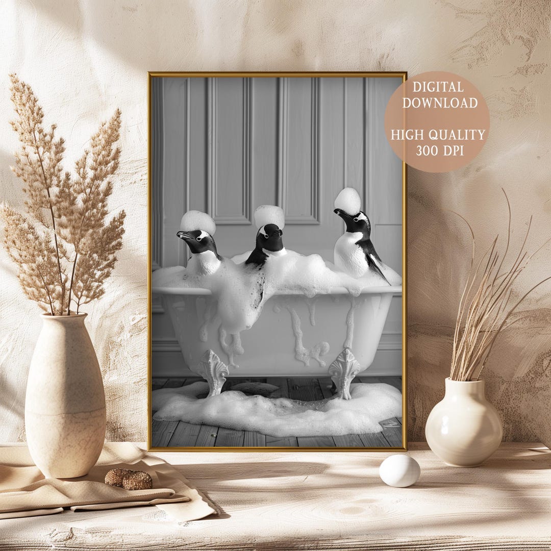 Penguin Bath Time Art Print Black and White Bathroom Poster, Minimalist ...