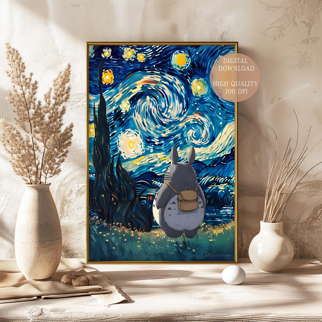 Totoro Van Gogh Starry Night Artwork Unique Ghibli-inspired Wall Art ...