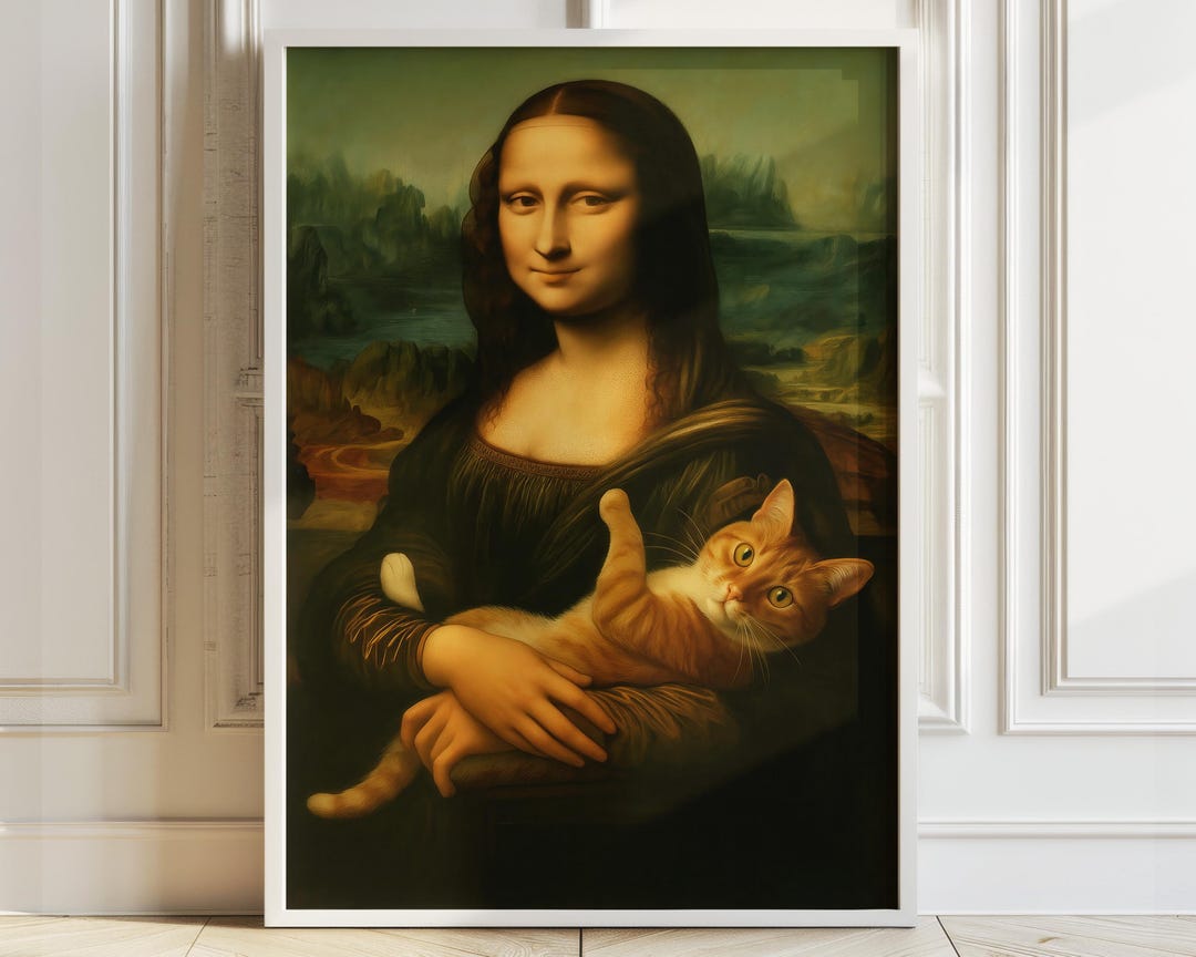 Mona Lisa With Cat Poster – Funny Art Parody With Classic Painting and ...