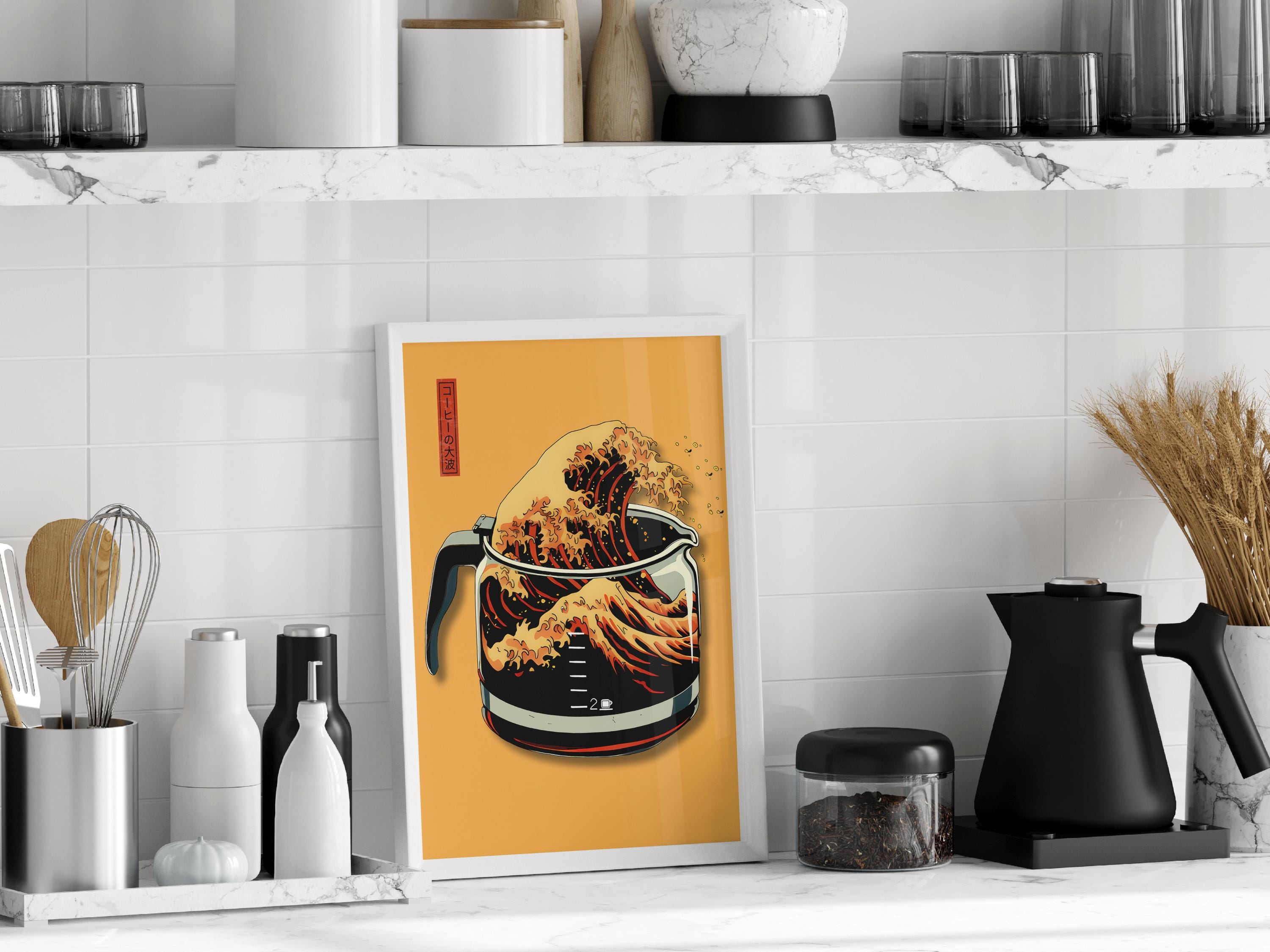 Great Wave Coffee Pot Print, Hokusai Pop Art Poster, Orange Kitchen ...