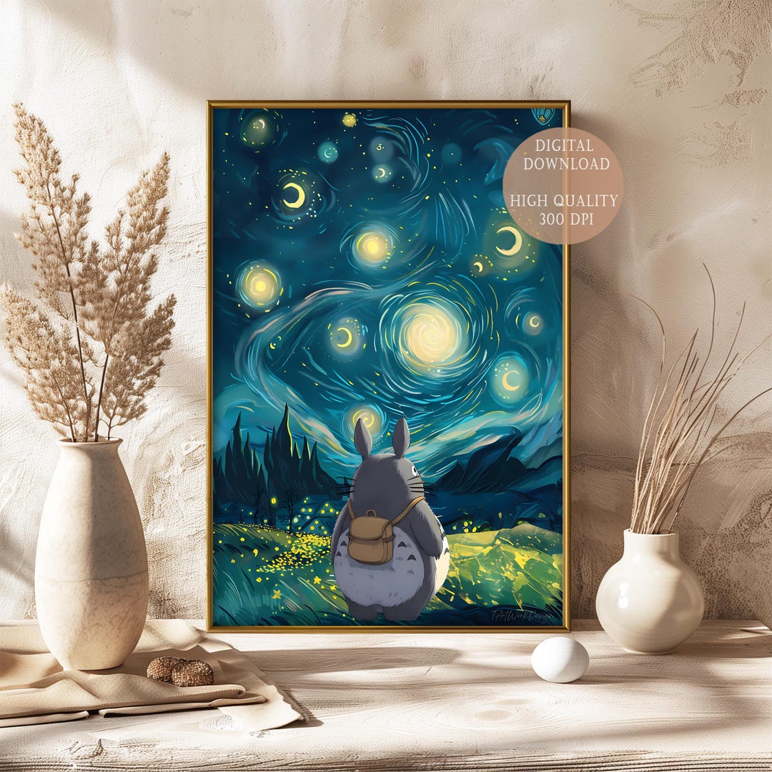 Totoro Poster Anime Art Print Starry Night Van Gogh Inspired Studio ...