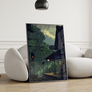 Atmospheric Anime Train Station Art Print – Rainy Evening Wall Art ...