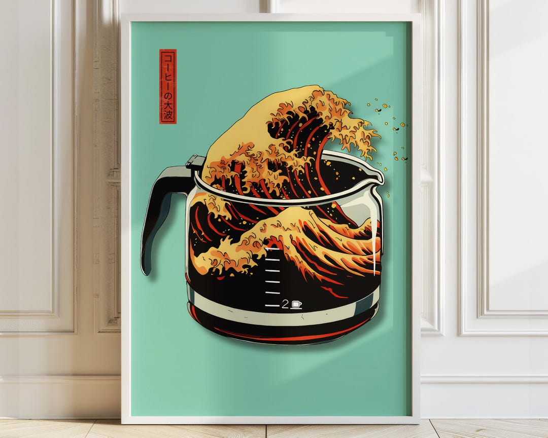 Mint Green Coffee Poster With Hokusai Japanese Wave – Fresh Wall Art ...