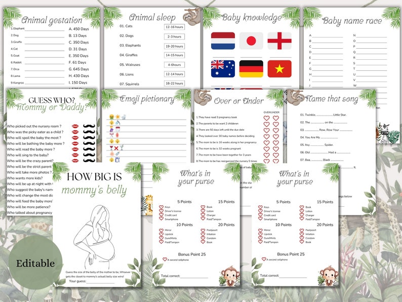 Editable Modern Baby Shower/ Jungle Theme/ Baby Shower Games / Green ...