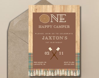 Digital First Birthday One Happy Camper Invitation, First Birthday Invite, Happy Camper, Camping ...