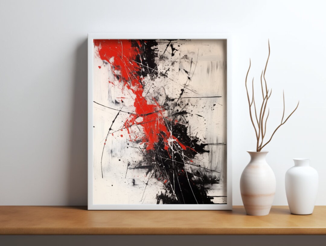 Abstract Painting Print, Black Red and White Poster, Wall Art Living ...