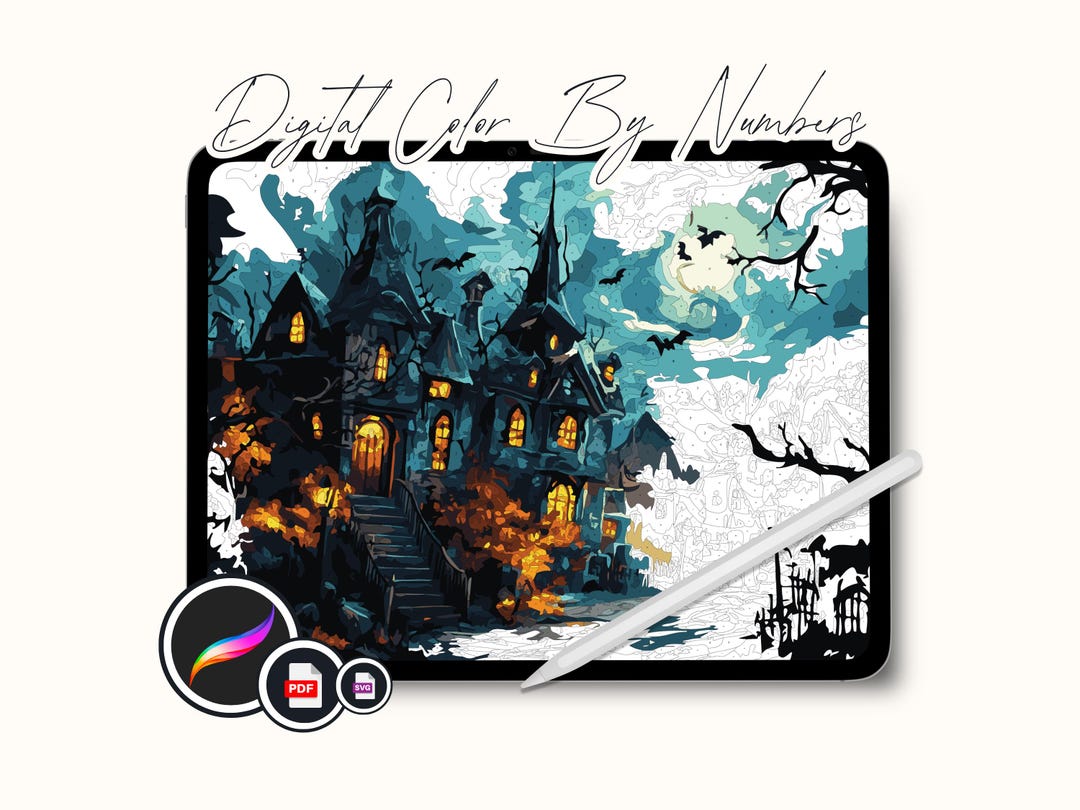 Digital Color by Numbers of a Spooky Haunted House at Night. DIY ...