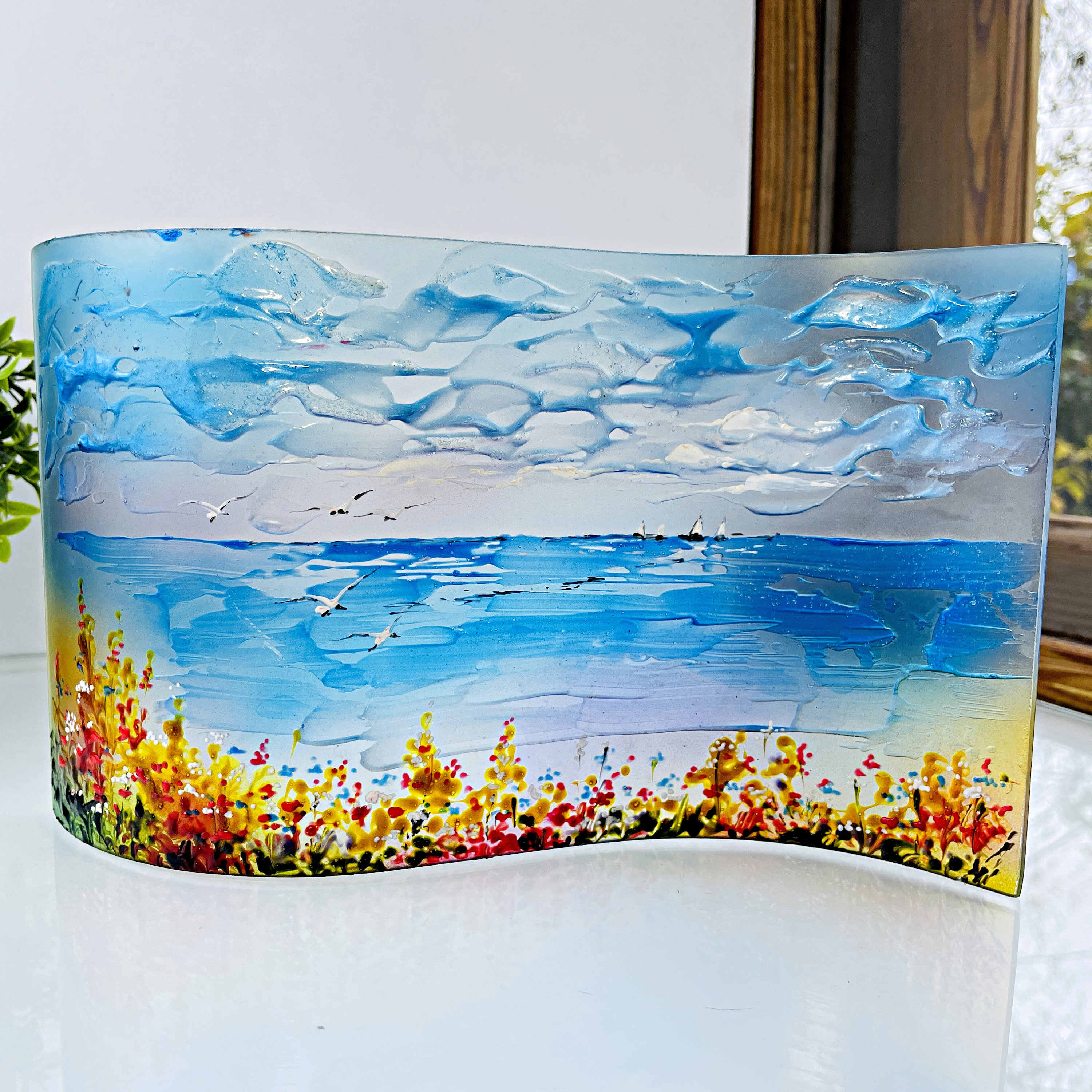 Glass Wave Art Painting Sea Glass Screen Stained Glass Panel Fused ...