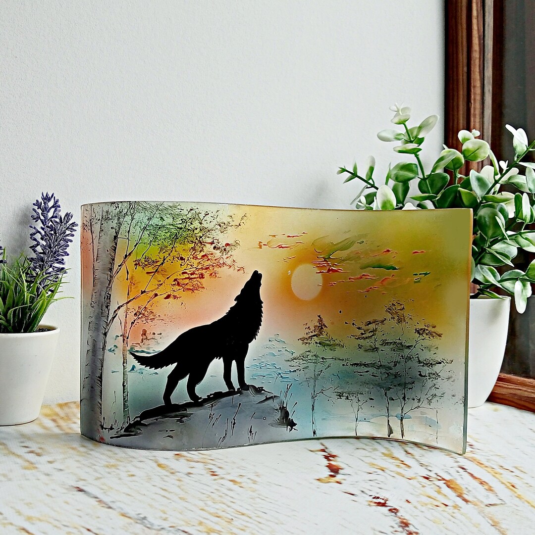 Glass Wave Art Painting Wolf Glass Screen Stained Glass Panel Fused ...