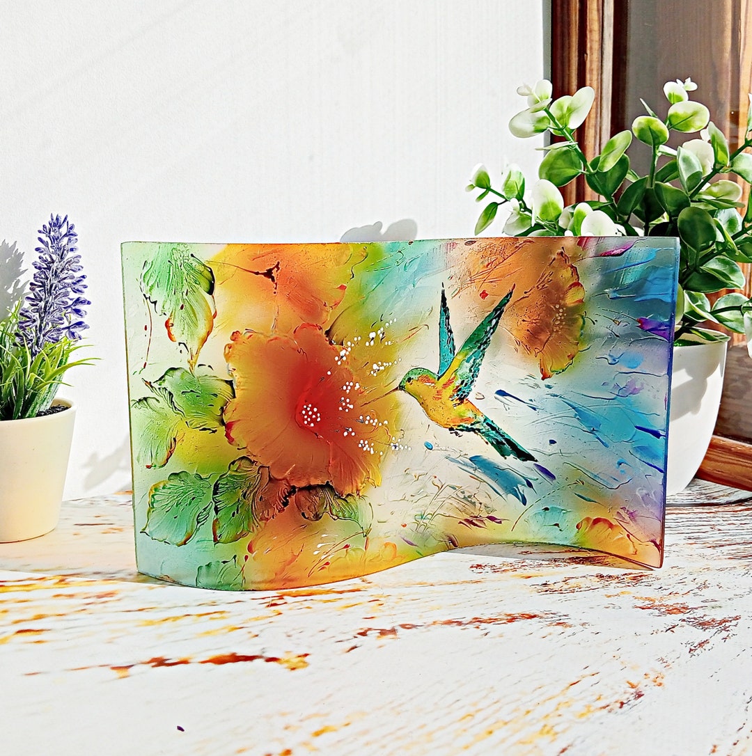 Glass Wave Art Painting Hummingbird Glass Screen Stained Glass Panel ...