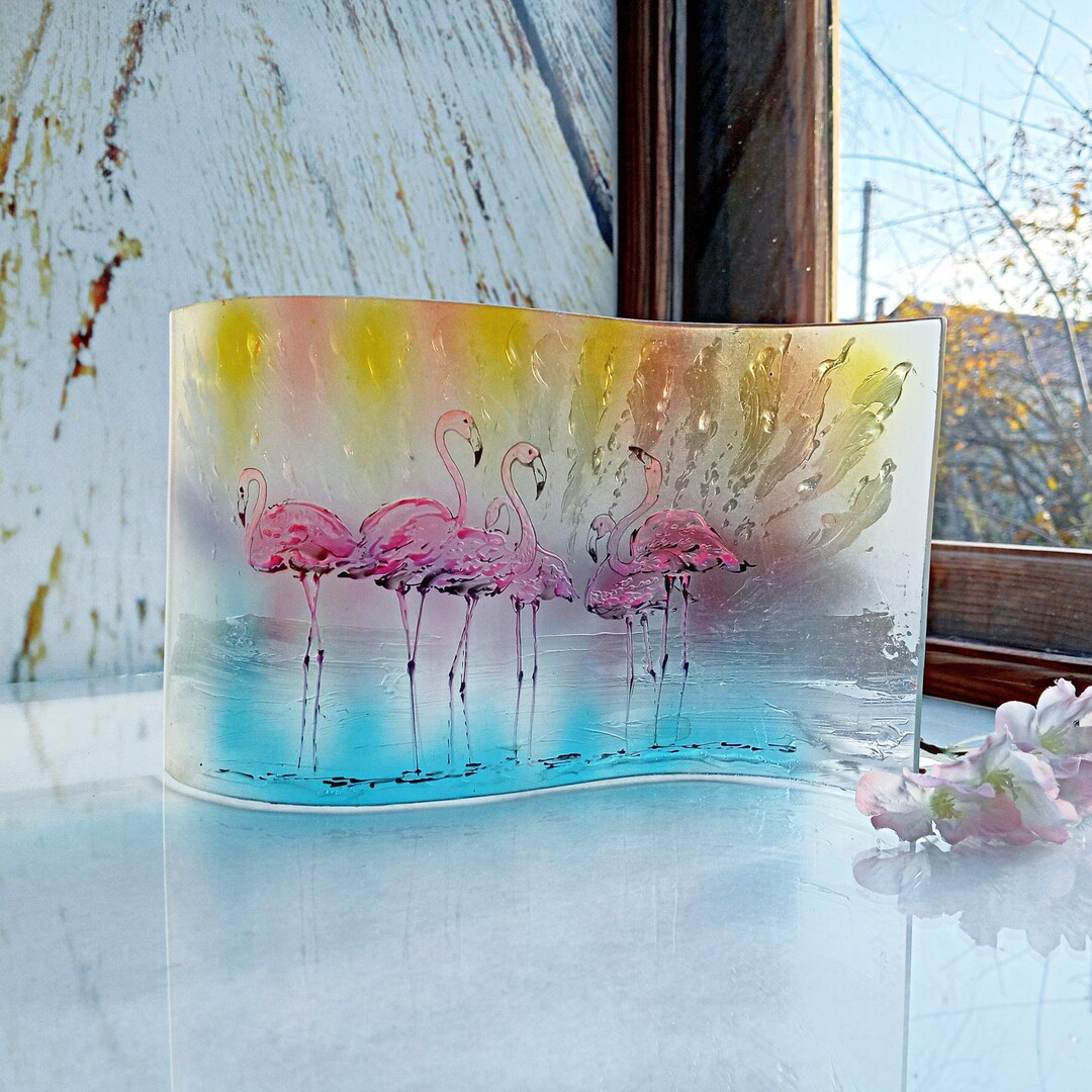 Glass Wave Art Painting Flamingo Glass Screen Stained Glass Panel Fused ...